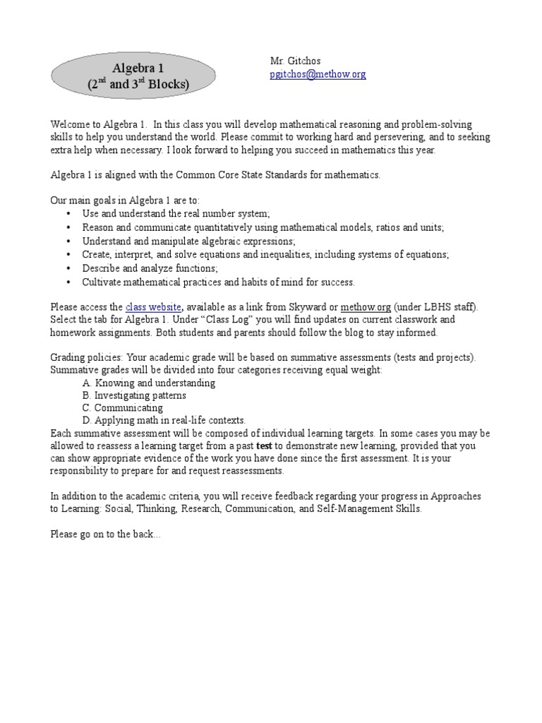 A1 Syllabus Pdf Educational Assessment Homework