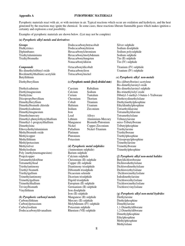 (A) Pyrophoric Alkyl Metals and Derivatives Groups | PDF | Sulfide | Metals