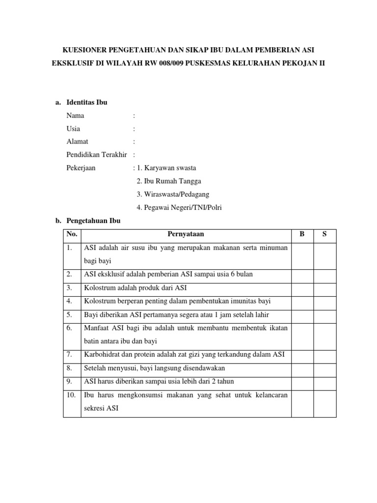 Kuesioner Pengetahuan Dan Sikap Ibu Dalam Pemberian Asi Eksklusif Di Wilayah RW 008 | PDF