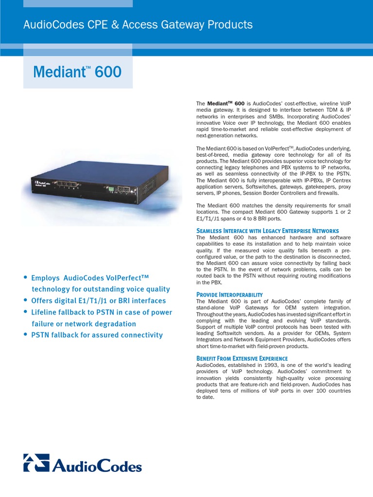 Mediant 600: Audiocodes Cpe & Access Gateway Products | PDF | Voice ...