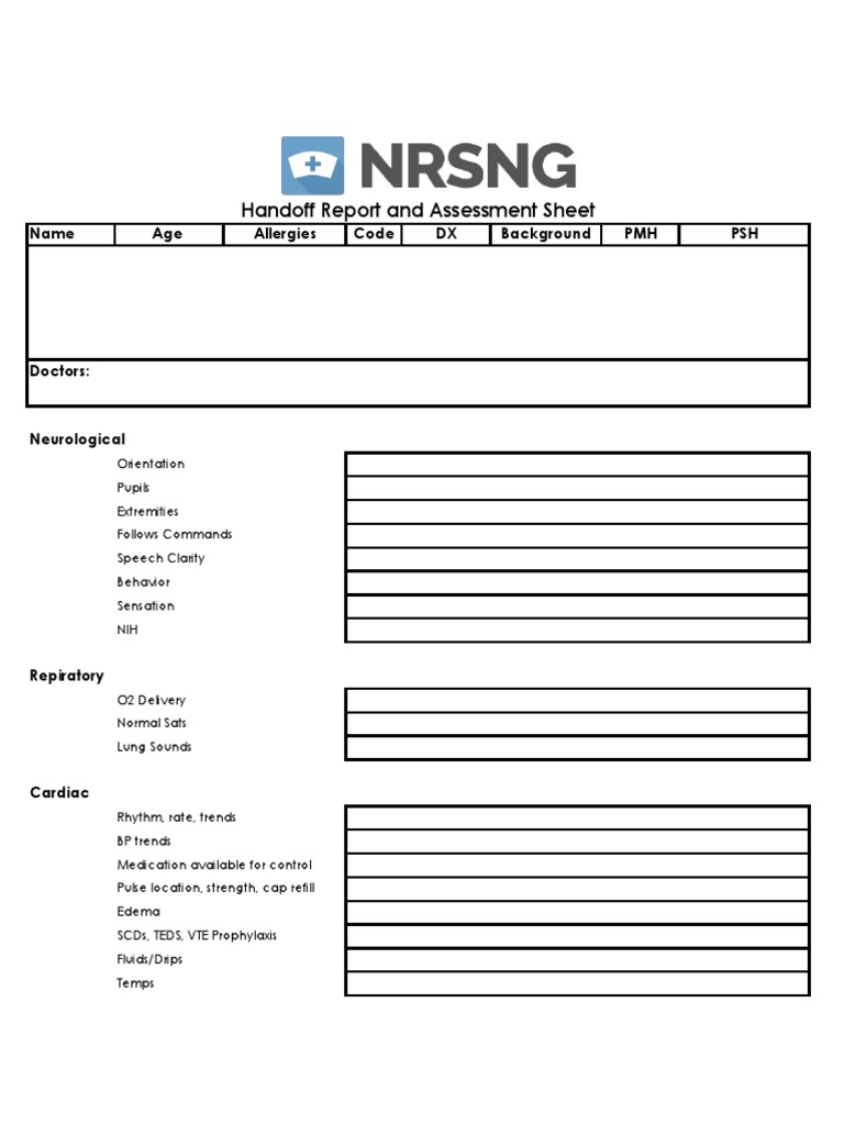 Handoff Report and Assessment Sheet: Name Age Allergies Code DX ...