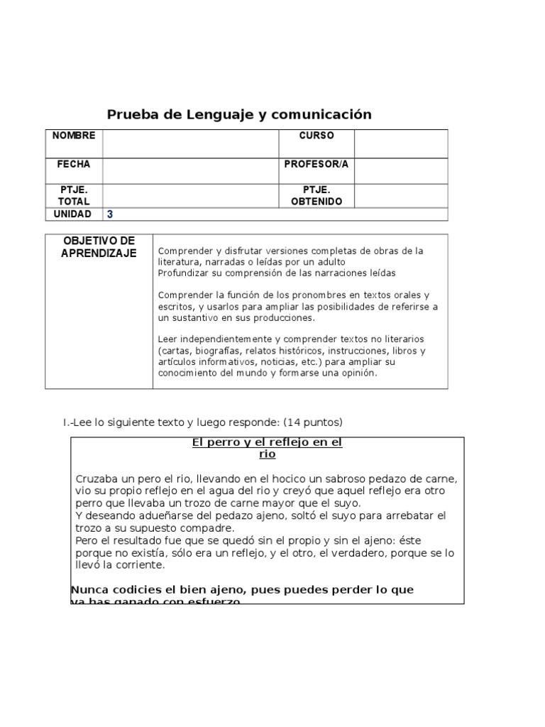 Prueba de Lenguaje y Comunicacion Tercero Basico Unidad 3 | PDF | Agua