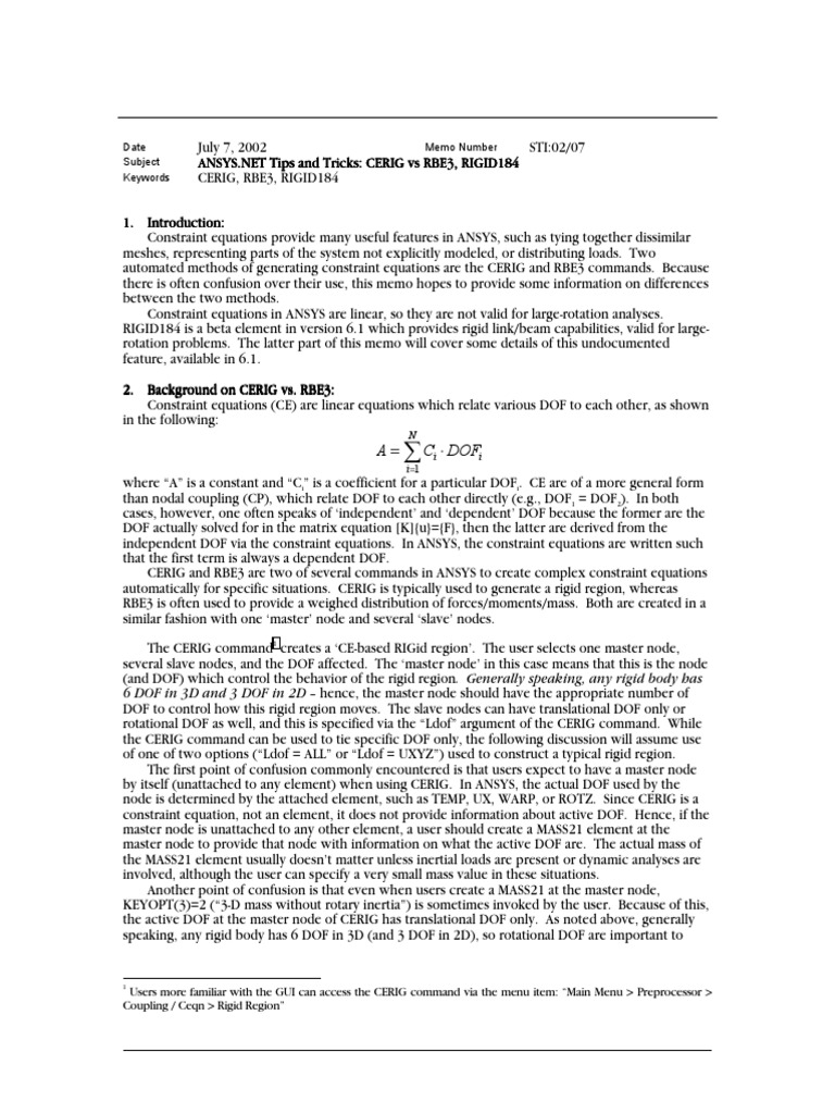 ANSYS.NET: CERIG vs RBE3 Guide | PDF | Stiffness | Force