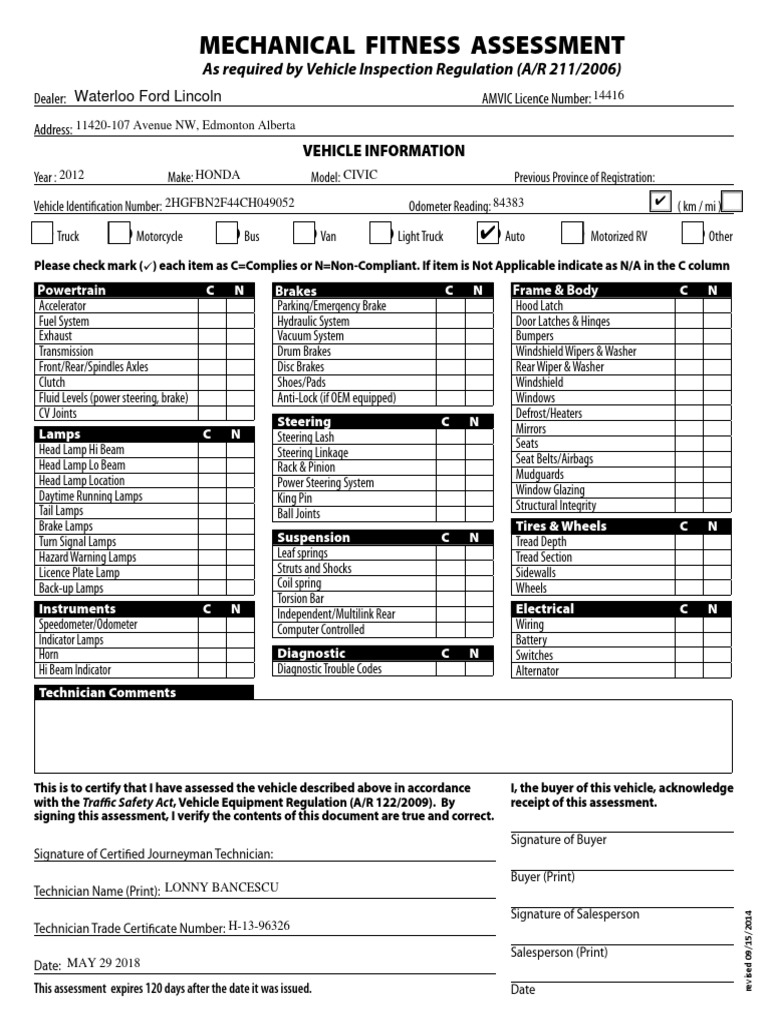 AMVIC Mechanical Fitness Assessment Form Revised 09-15-2014 No Logo ...