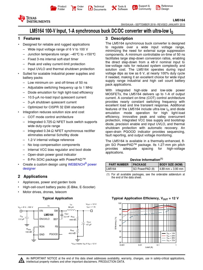 LM5164 100-V Input, 1-A Synchronous Buck DC/DC Converter With Ultra-Low I | PDF | Electrostatic ...