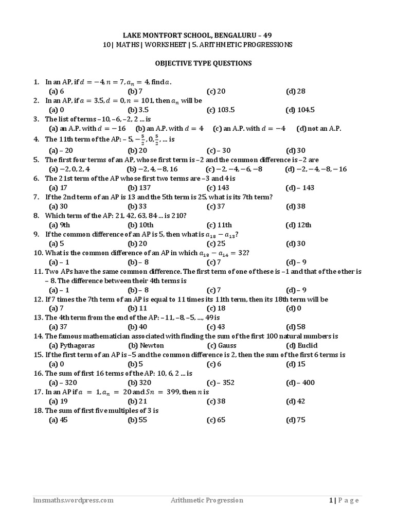 10 Math Worksheet CH-5 Arithmetic Progressions | PDF | Triangle | Elementary Mathematics