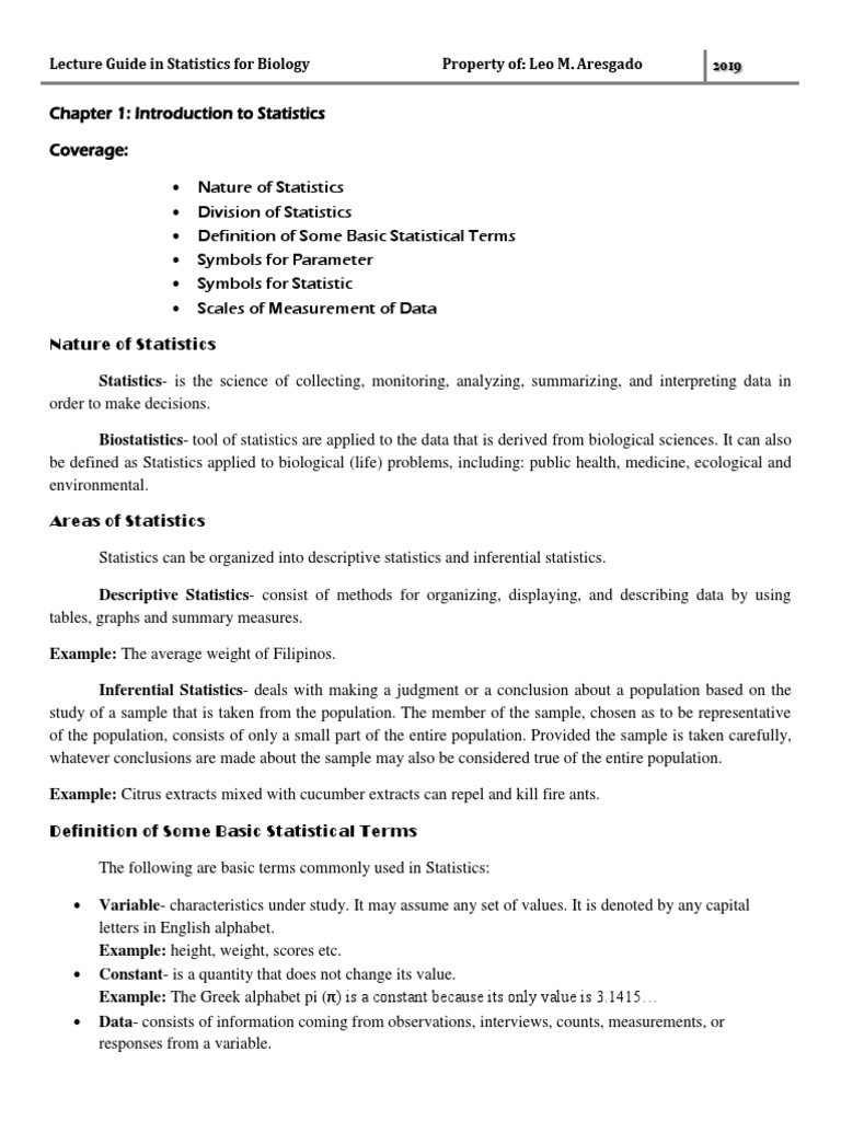 Lecture Guide in Statistics For Biology Property Of: Leo M. Aresgado ...