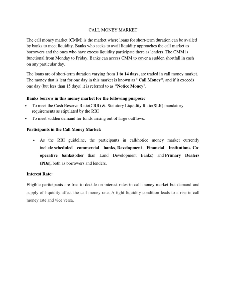 Call Money Market Overview | PDF | Finance & Money Management