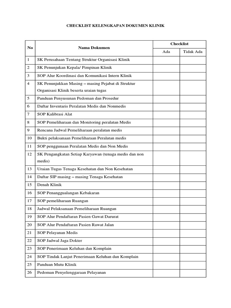 Checklist Kelengkapan Dokumen Klinik | PDF