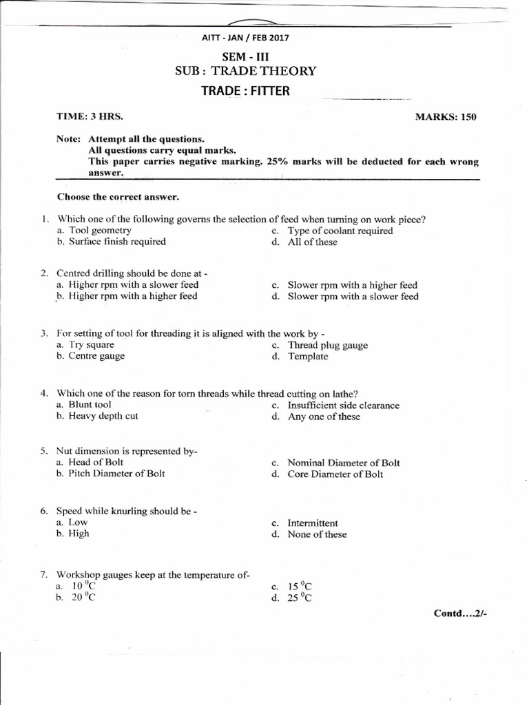 Trade Theory Exam Questions for Fitters | PDF | Screw | Crafts