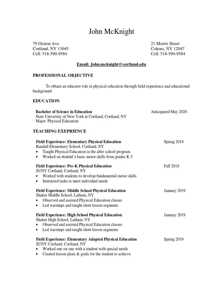 PE Resume | PDF | Physical Education | Behavior Modification