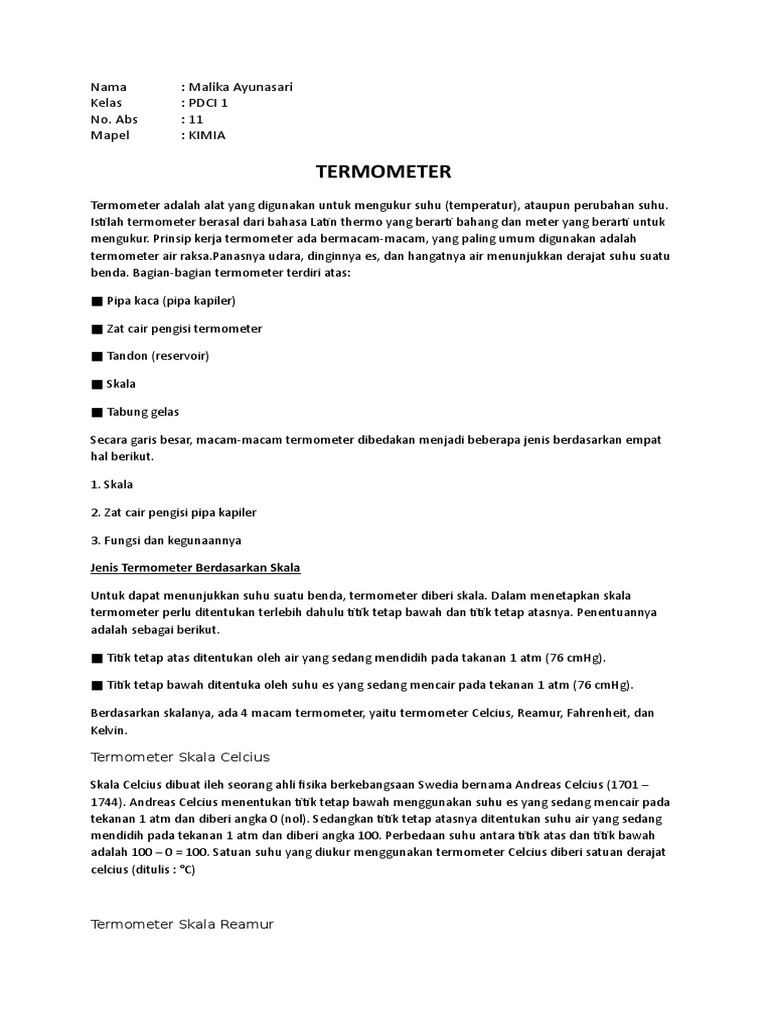 Fungsi dan Jenis Termometer Kimia | PDF