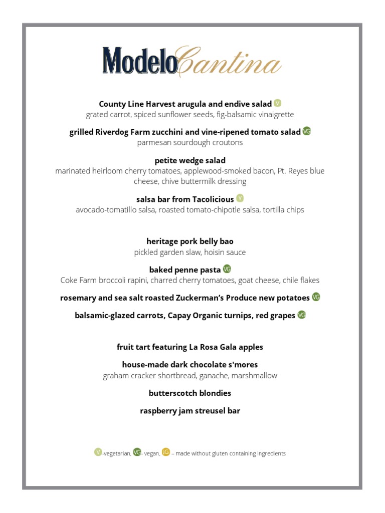 Modelo Cantina Sample Menu