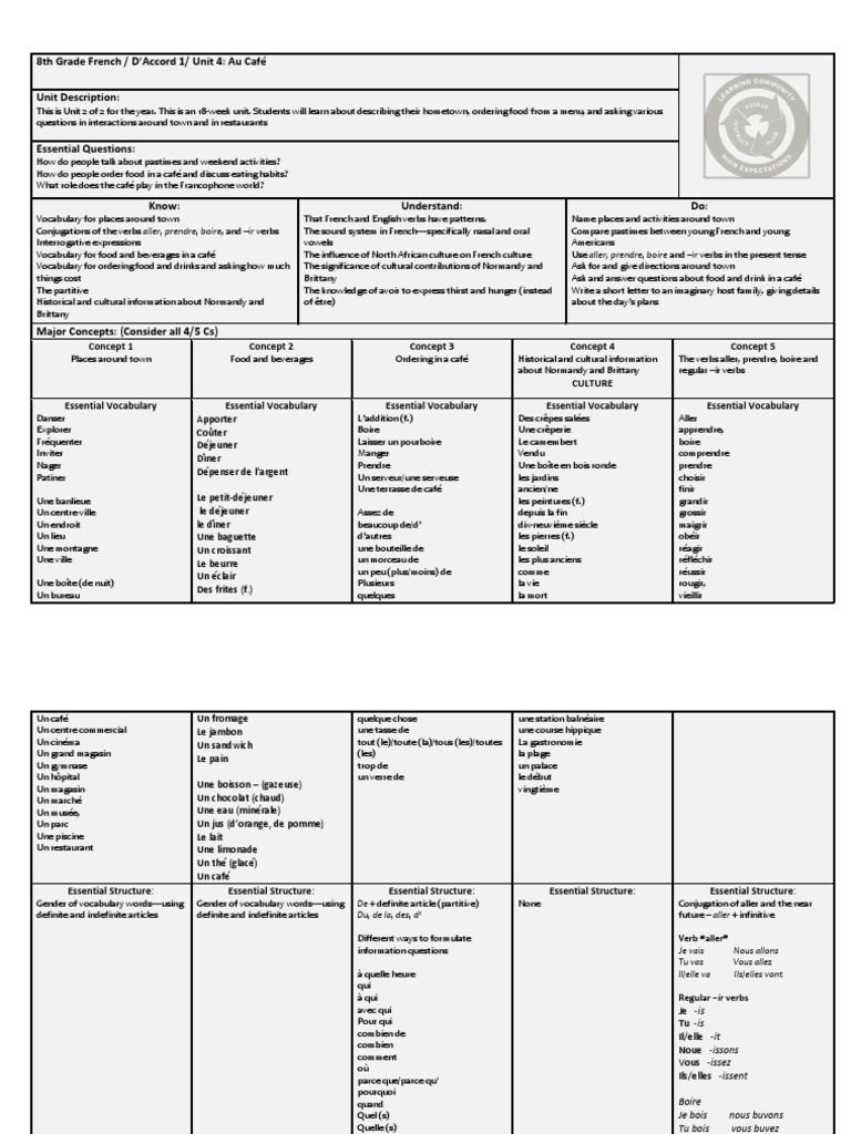 8th Grade Unit 4 Essential Au Cafe Final | PDF | French Language ...