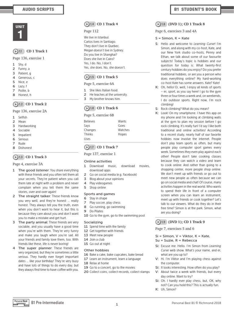 PB AmE B1 SB Audioscript U1 | PDF | Video Games | Internet