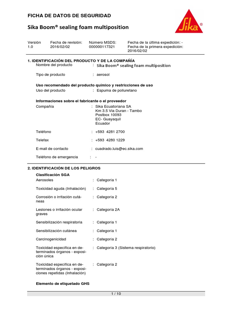 Sika Boom MSDS | PDF | Alergia | Asma