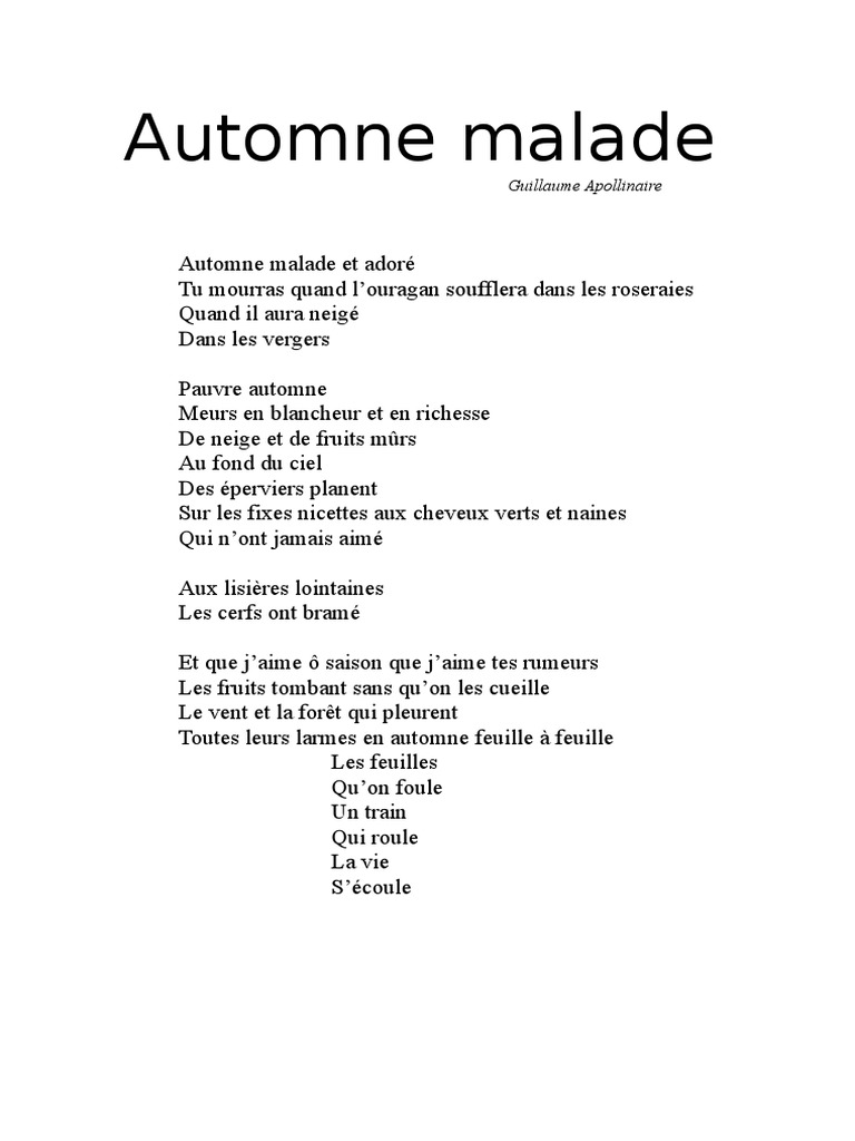 Poésie d'Apollinaire : Automne malade | PDF | Poésie | Poétique ...