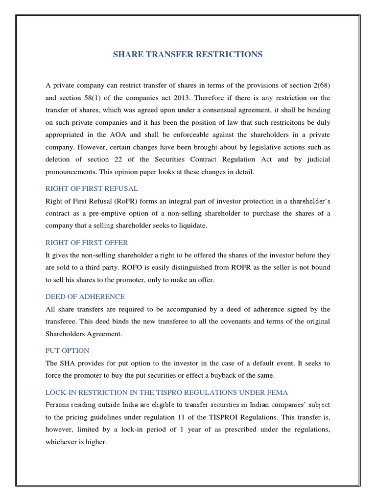 Share Transfer Restrictions: Right of First Refusal | PDF | Securities ...