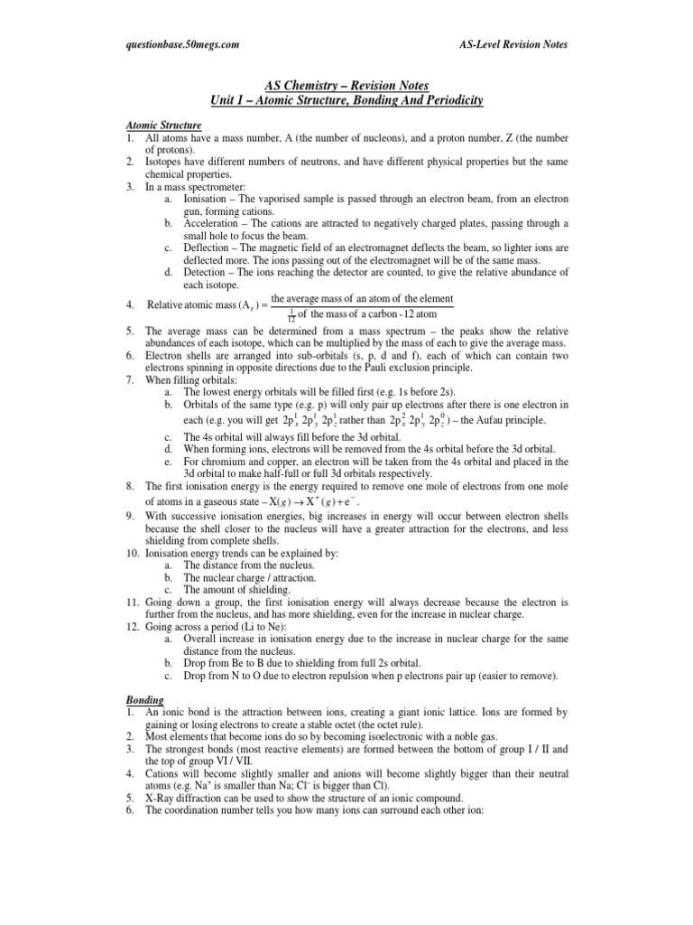 Chemistry Unit 1 Revision Notes | PDF | Chemical Polarity ...