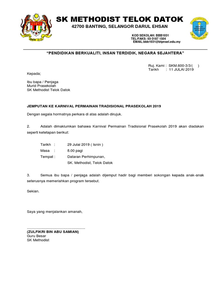 Surat Jemputan Ibu Bapa Program Sekolah | PDF
