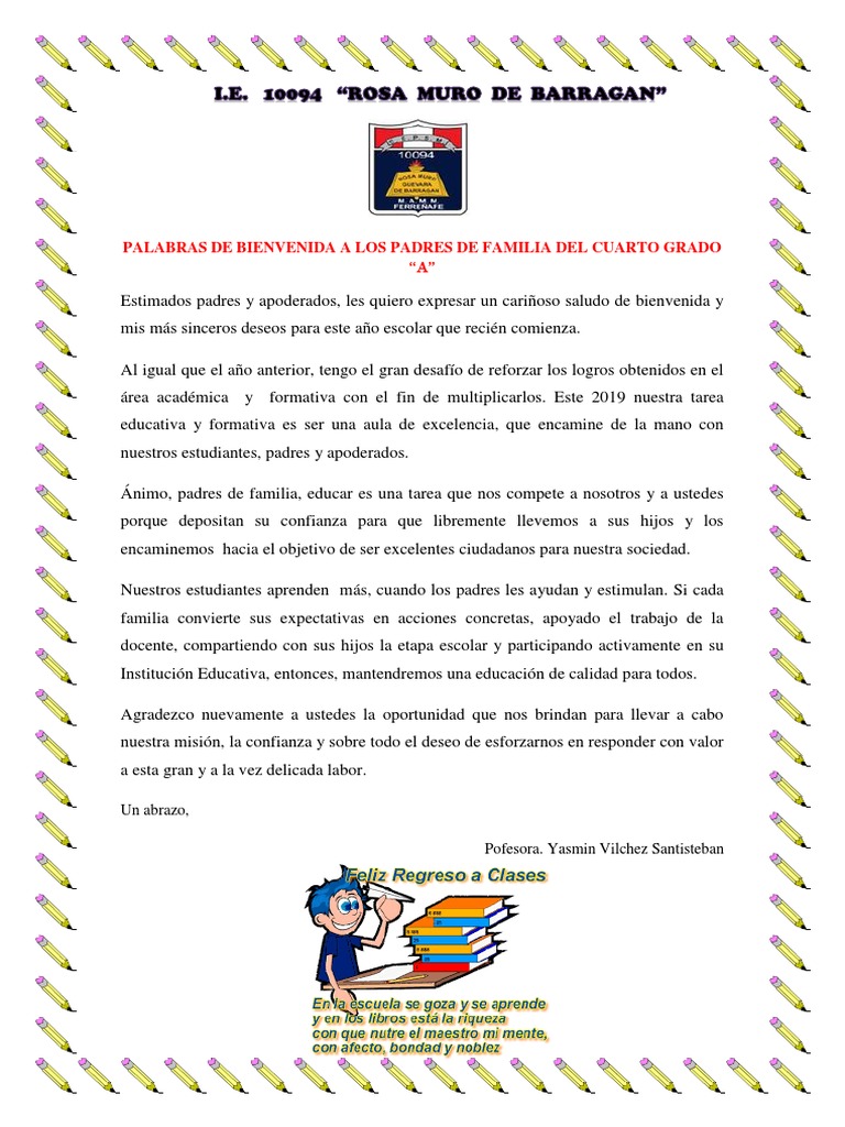 Carta De Bienvenida A La Escuela Para Los Padres De Parte Del Maestro