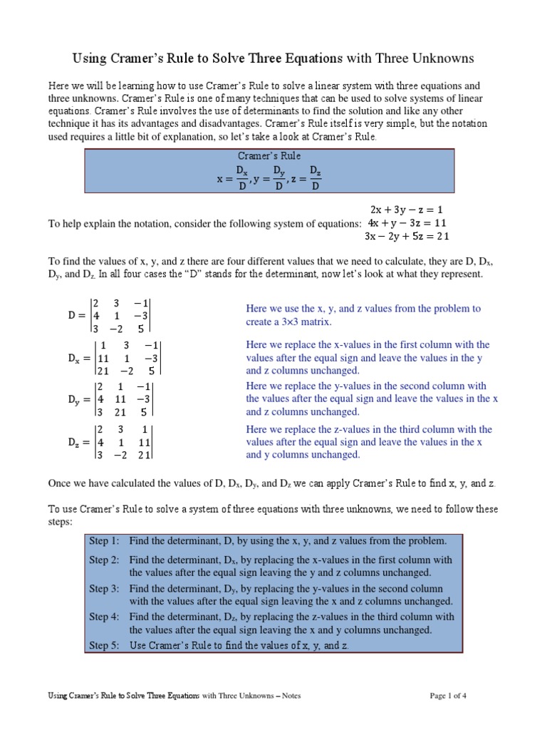 Cramer's Rule for 3x3 Systems | PDF | Determinant | Equations