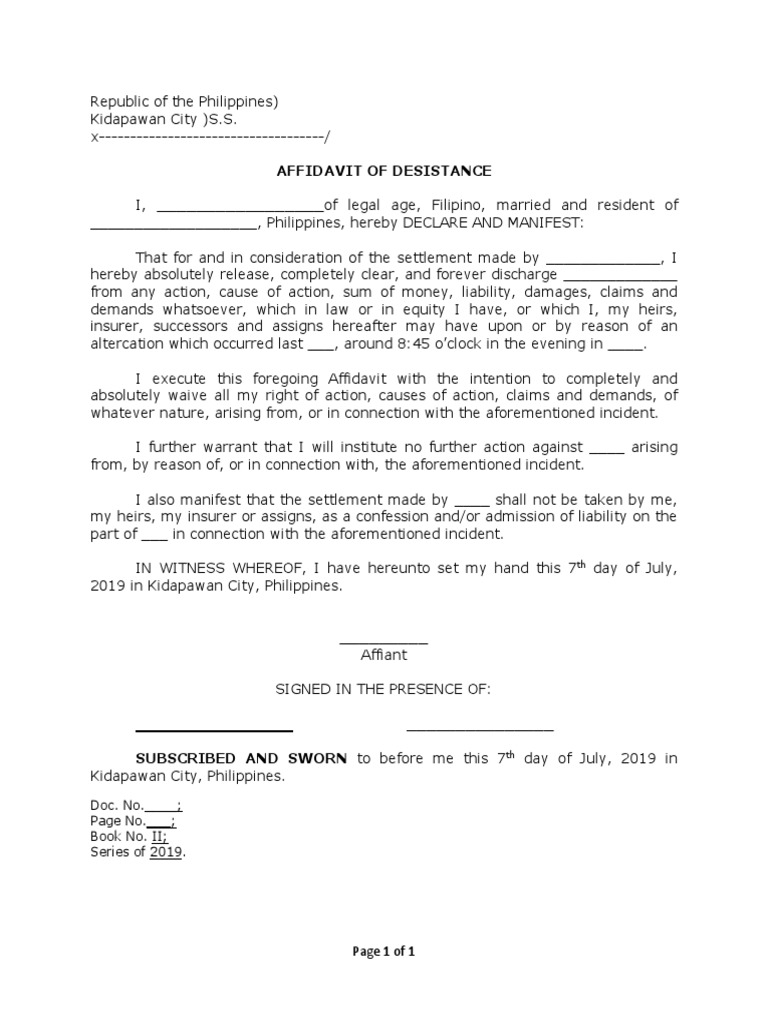 Affidavit of Desistance Template | PDF
