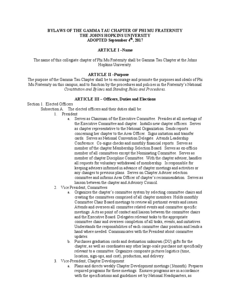 Gamma Tau Chapter Bylaws - Phi Mu Fraternity | PDF | Committee ...