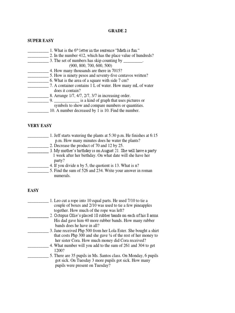 GRADE 2-Questionares | PDF | Numbers | Teaching Mathematics