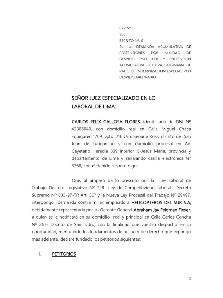 MODELO DE DEMANDA LABORAL | Derecho laboral | Organización ...
