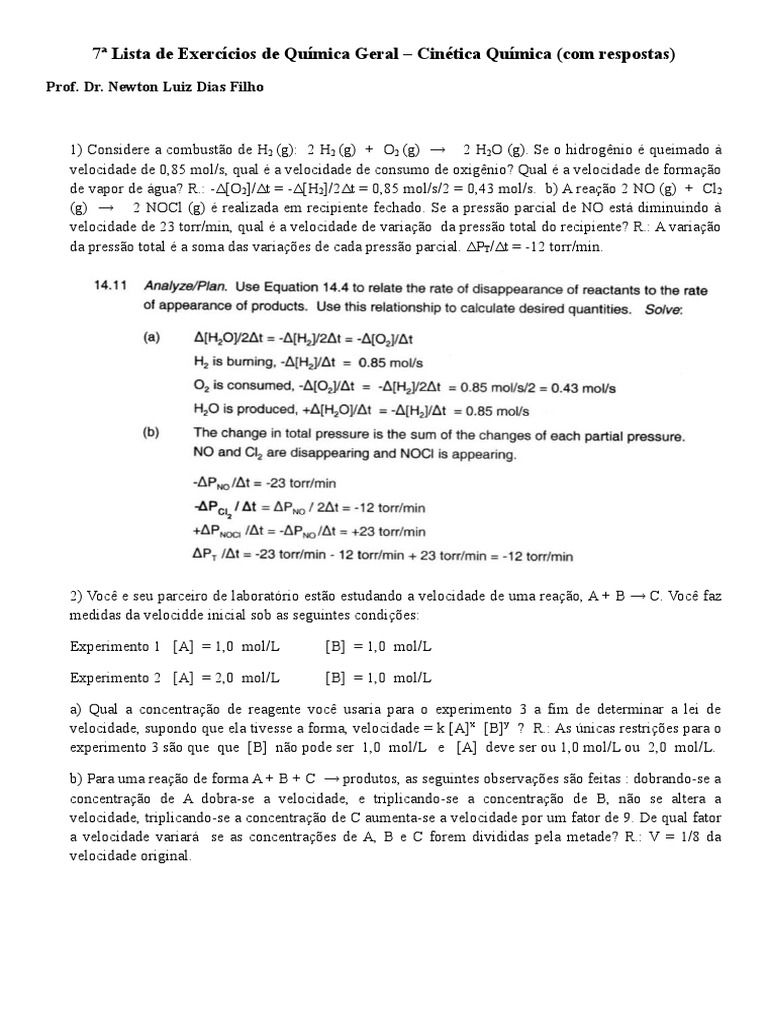 7 Lista de Exercicios de Quimica Geral Cinetica Quimica Com Respostas 19.05.2011 1 | PDF ...