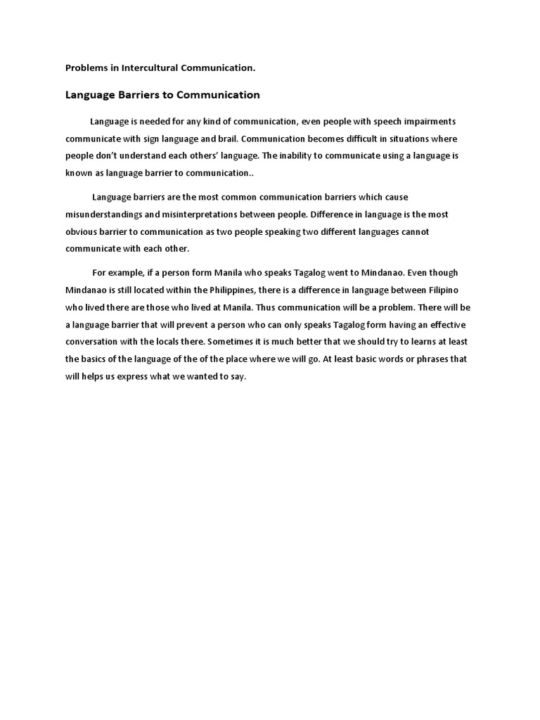 Language Barriers To Communication: Problems in Intercultural ...