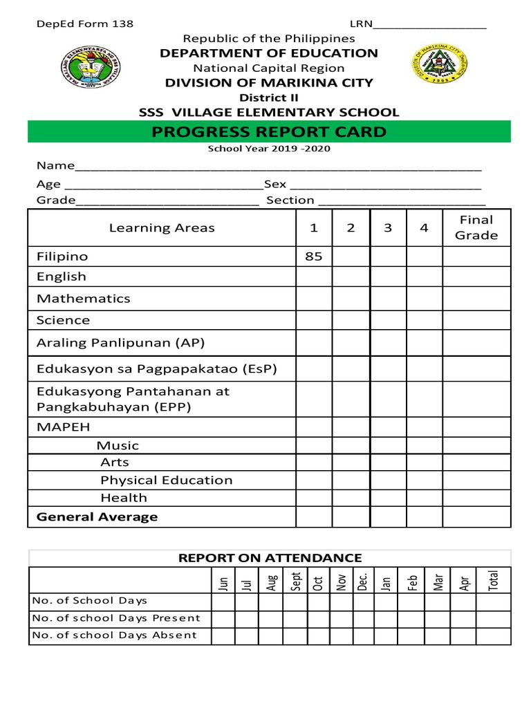 Progress Report Card: Department of Education Division of Marikina City ...