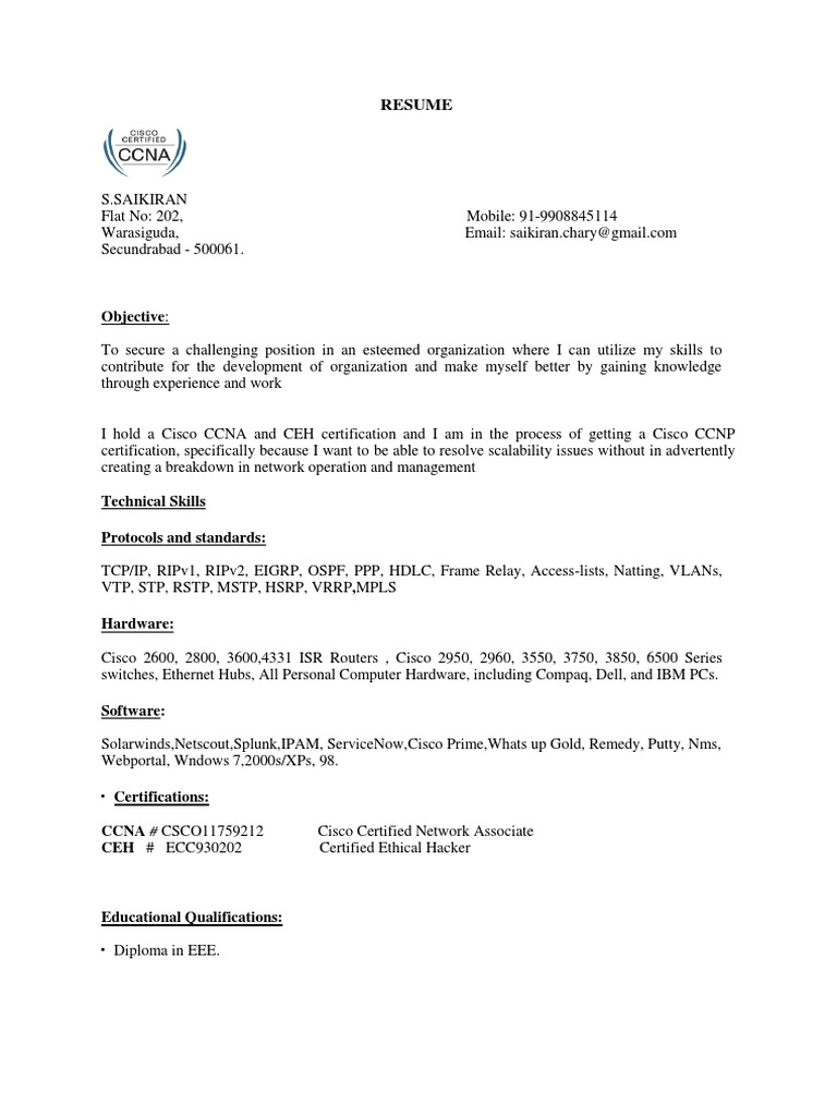 Resume | PDF | Cisco Certifications | Cisco Systems