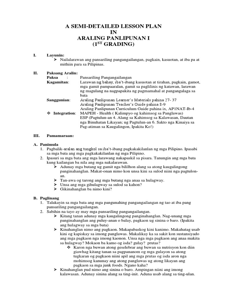 Lesson Plan in Araling Panlipunan I For First Grading | PDF