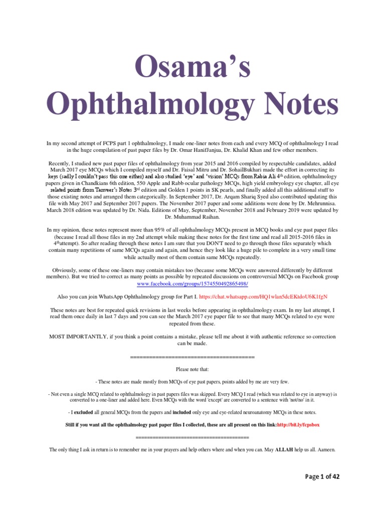Osama - S Ophthalmology Notes FEBRUARY 2019 EDITION | PDF | Retina ...