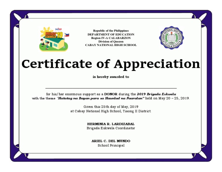2019 Brigada Eskwela Certificate For Donor | PDF