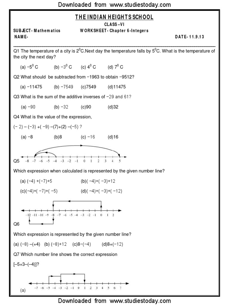 Class 6 Integers Worksheet | PDF