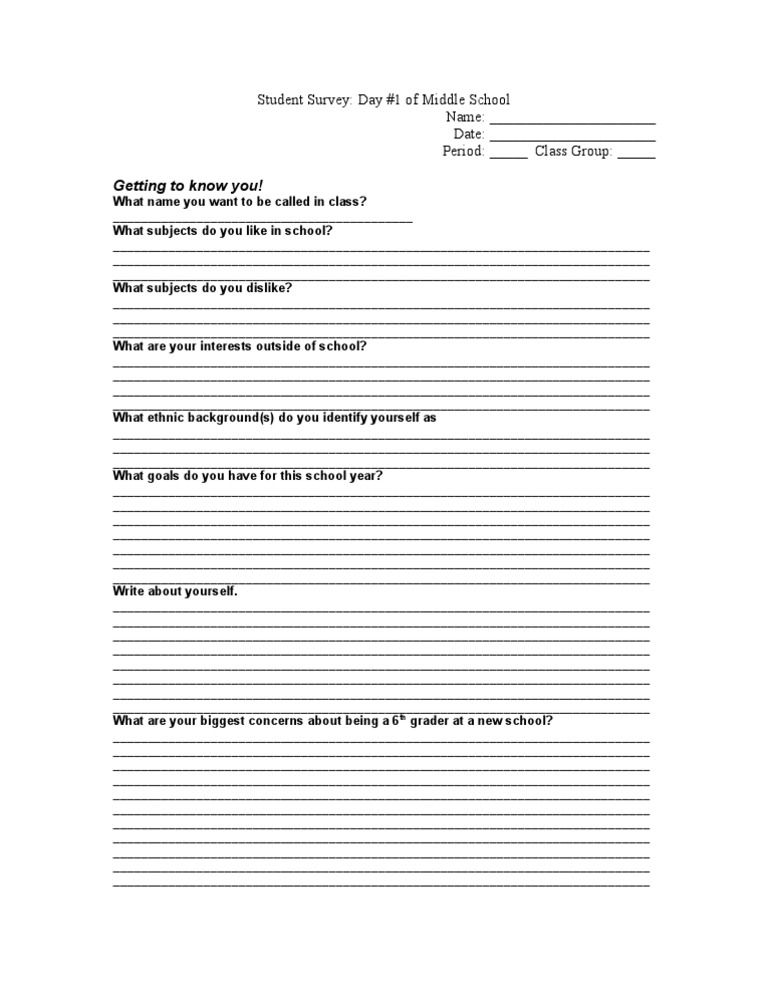 Middle School First Day Student Survey | PDF | Schools