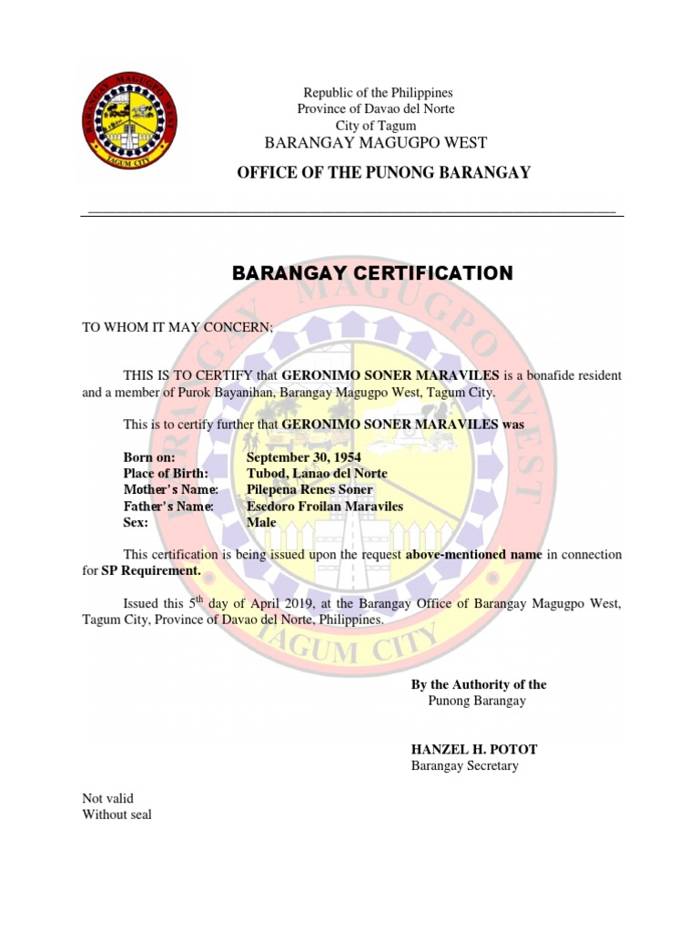 Barangay Certification: Office of The Punong Barangay | PDF