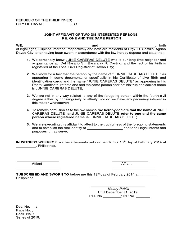 Joint Affidavit of Two Disinterested Persons One and The Same Person ...