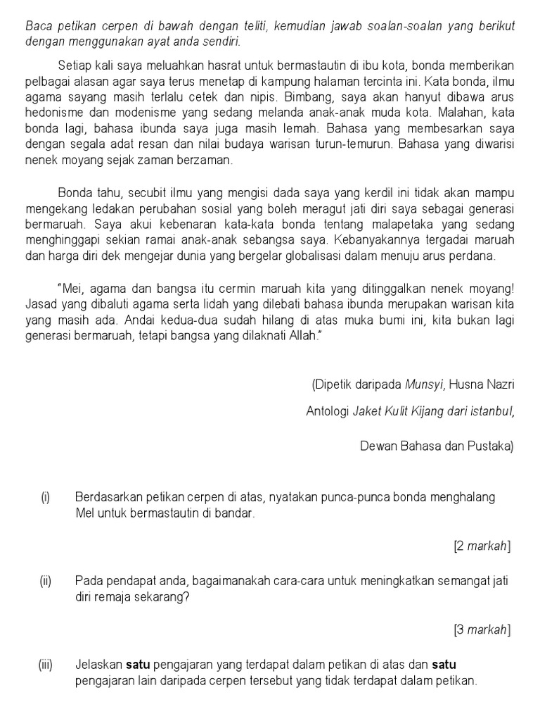 Baca Petikan Cerpen Di Bawah Dengan Teliti | PDF | Kajian Bahasa Asing