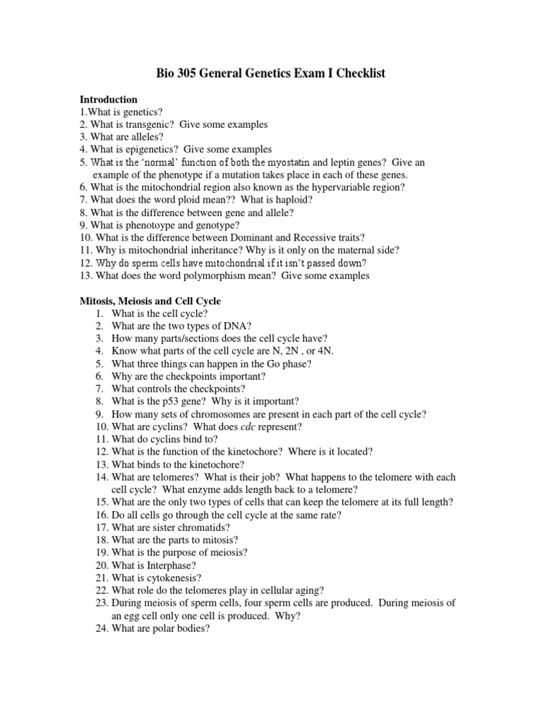 Bio 305 General Genetics Exam I Checklist | PDF | Cell Cycle | Gene