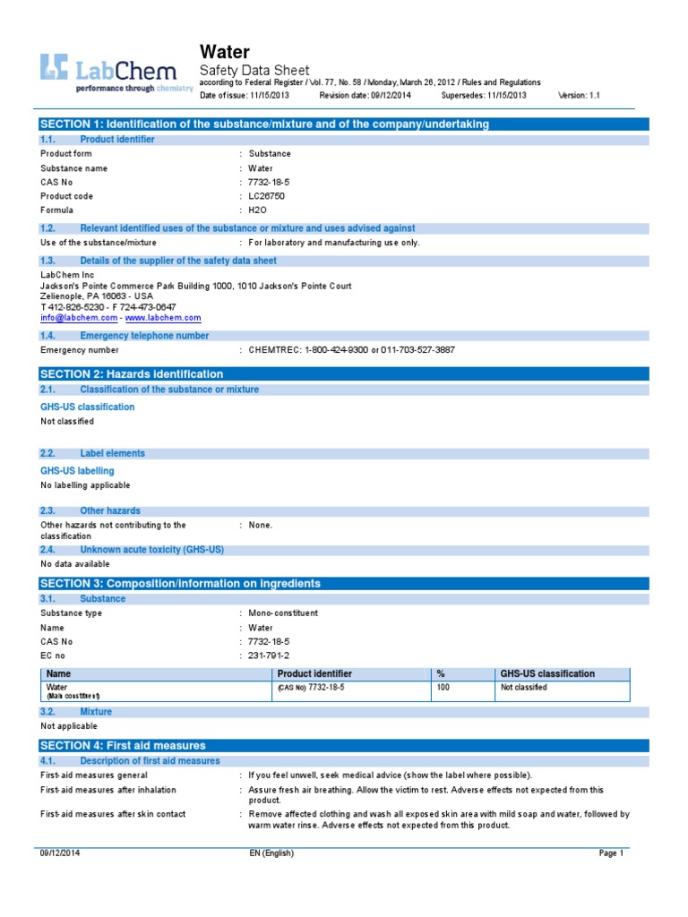 Water Safety Data Sheet | PDF | Toxicity | Firefighting