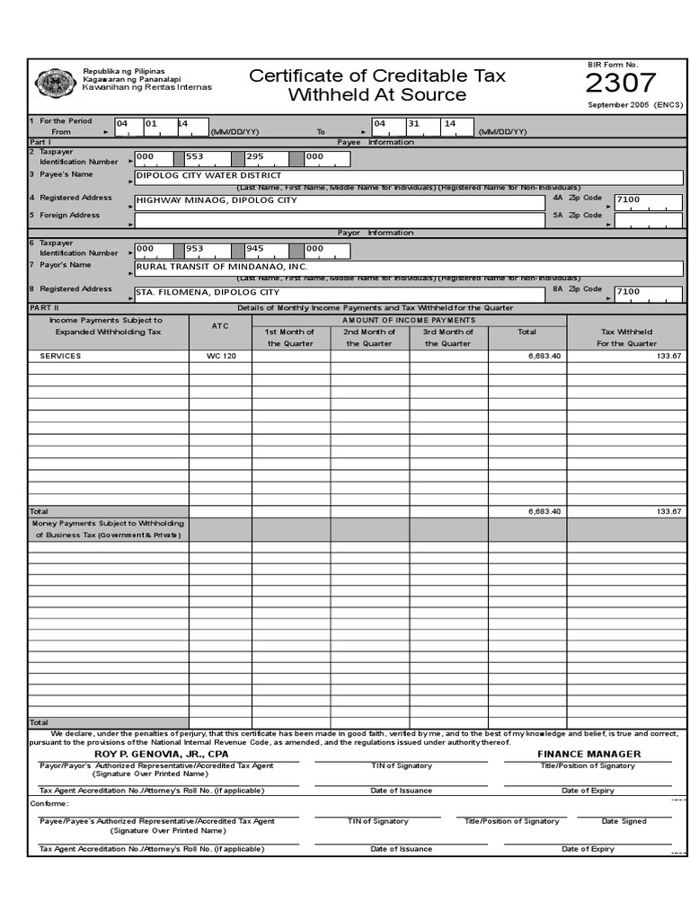 Form 2307 | PDF | Withholding Tax | Taxpayer