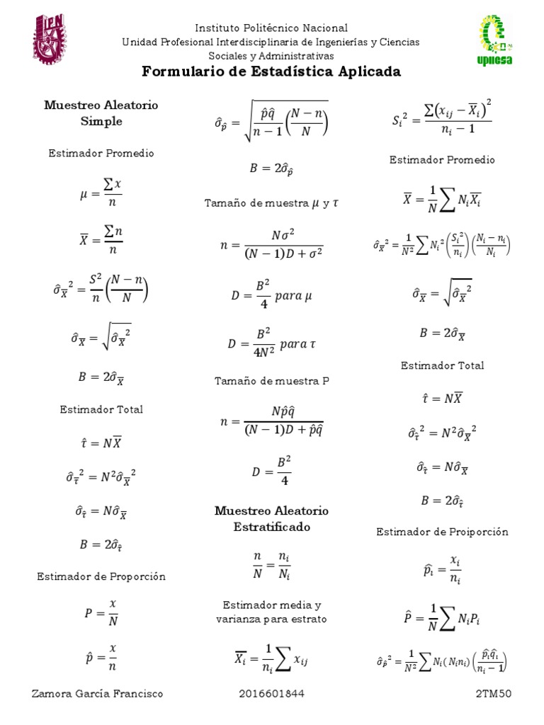 Formulario de Estadística Aplicada | PDF | Muestreo (Estadísticas) | Estimador