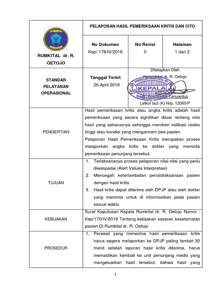 Spo Hasil Pemeriksaan Kritis Dan Cito | PDF