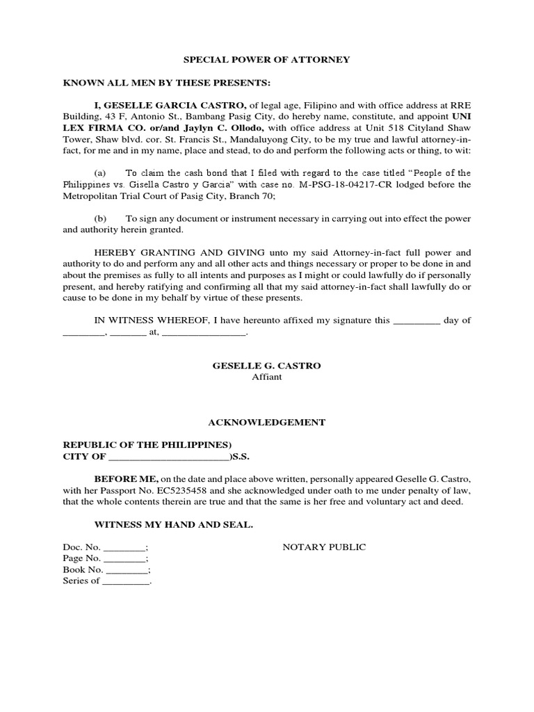 SPECIAL POWER OF ATTORNEY For Cash Bond) | PDF