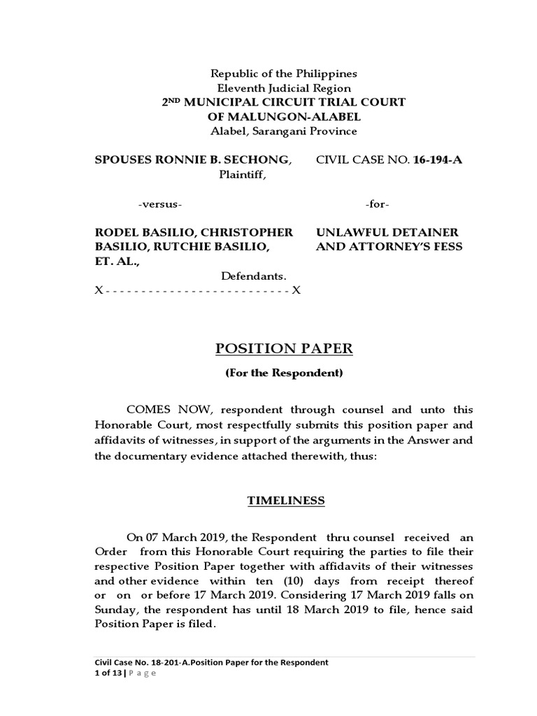 Basilio Position Paper Unlawful Detainer | PDF | Complaint | Lawsuit