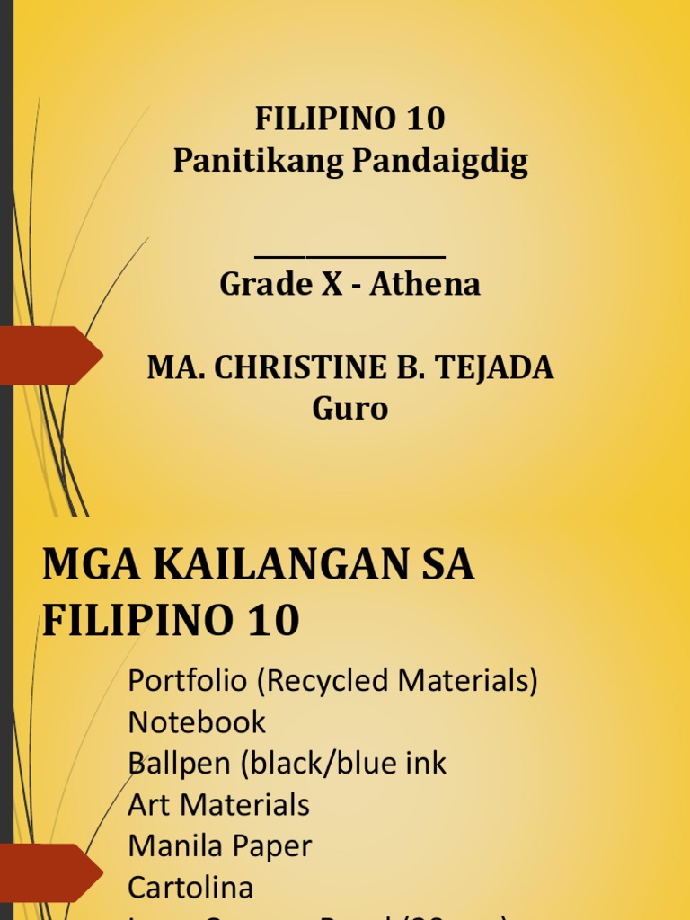 Filipino 10 Panitikang Pandaigdig _______________ Grade X - Athena Ma ...